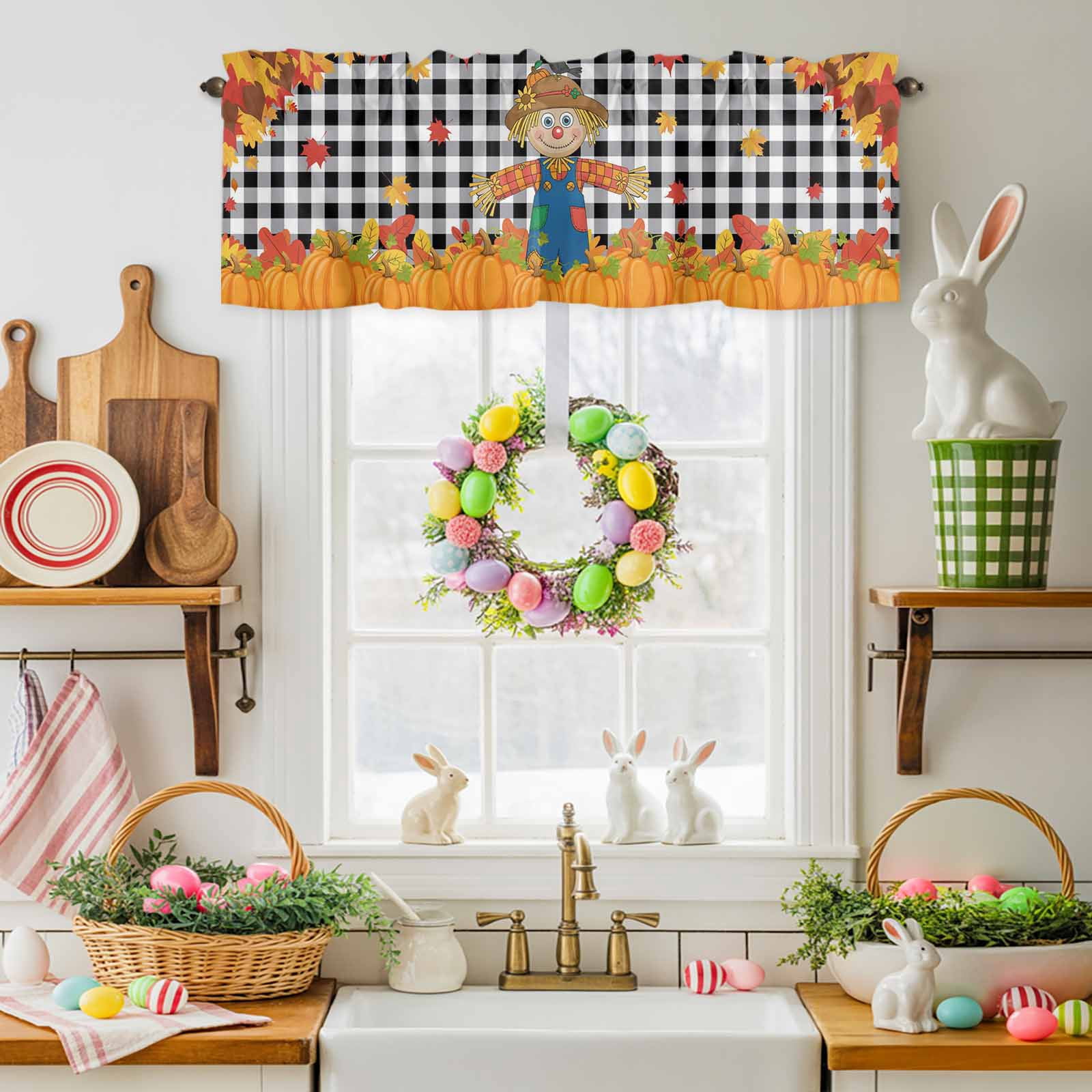Kitchen Valances for Window, Thanksgiving Straw Man Pumpkin Harvest ...