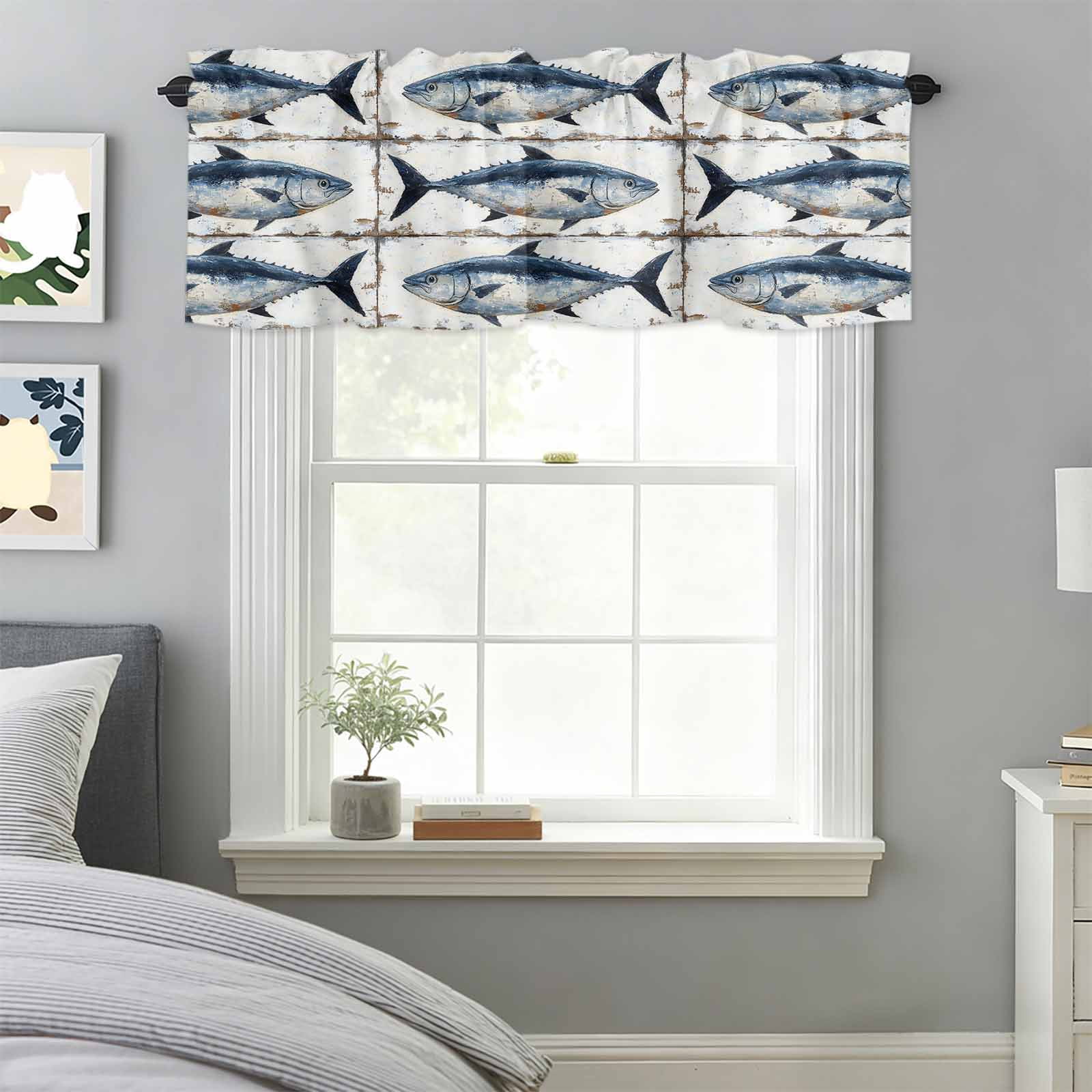 Kitchen Valances for Window, Tuna Blue Fish Light Filtering Rod Pocket ...