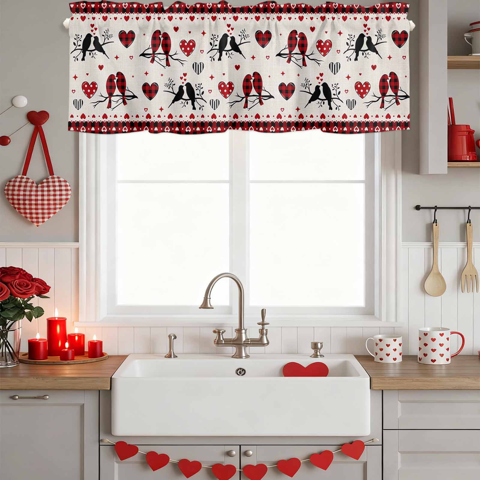 Kitchen Valances for Window, Valentine's Bird Lovers on Tree Branch ...