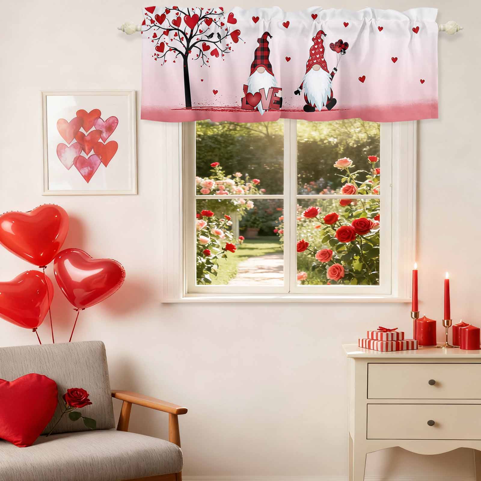 Kitchen Valances for Window, Valentine's Day Dwarfs Couple with Balloon ...