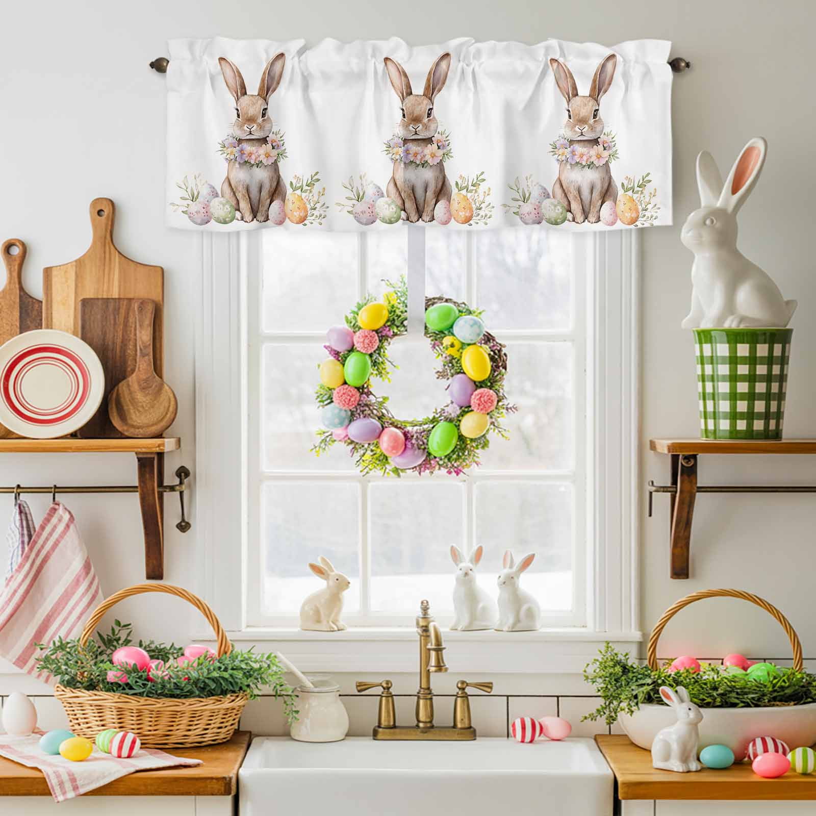 Kitchen Valances for Window, Watercolor Easter Egg Rabbit on White ...