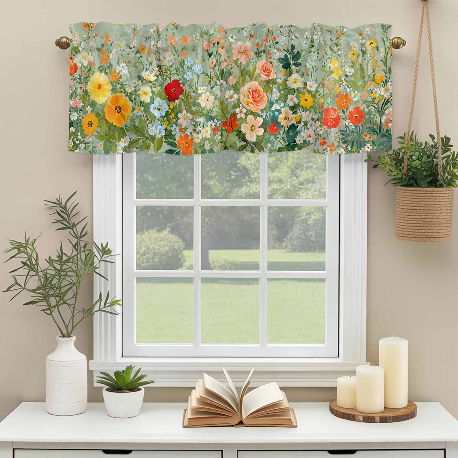 Kitchen Valances for Window, Watercolor Rose Yellow Flower on Green ...
