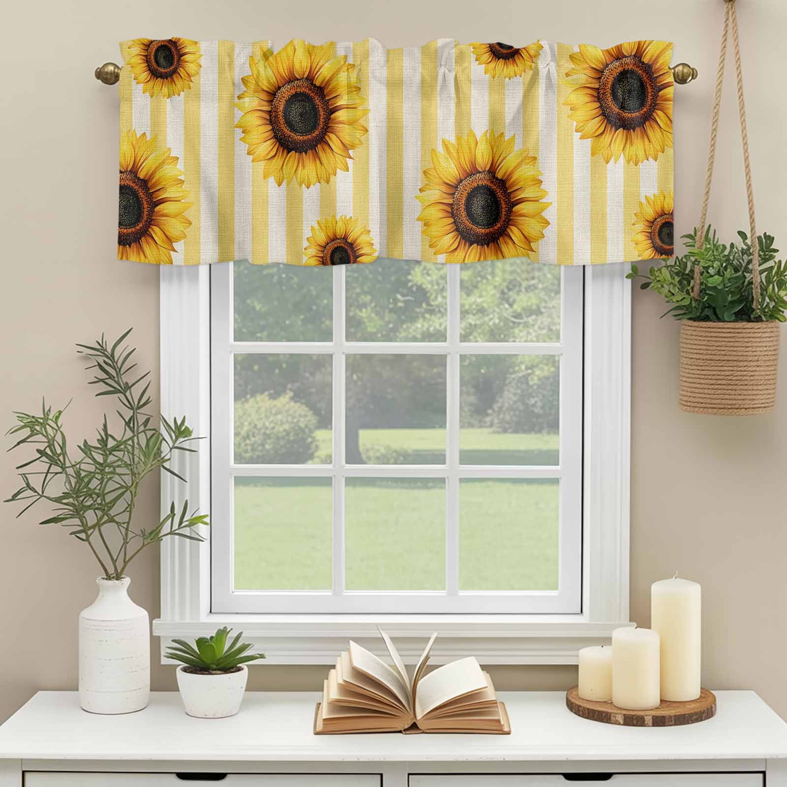Kitchen Valances for Window, Watercolor Sunflower Floral on Linen Light ...
