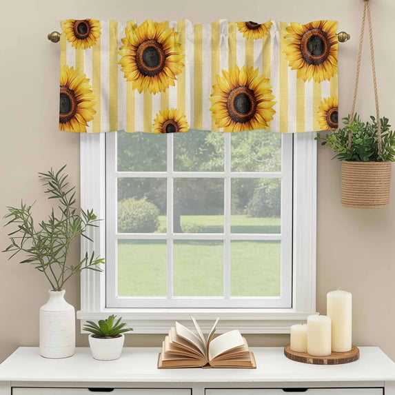 Kitchen Valances for Window, Watercolor Sunflower Floral on Linen Light ...