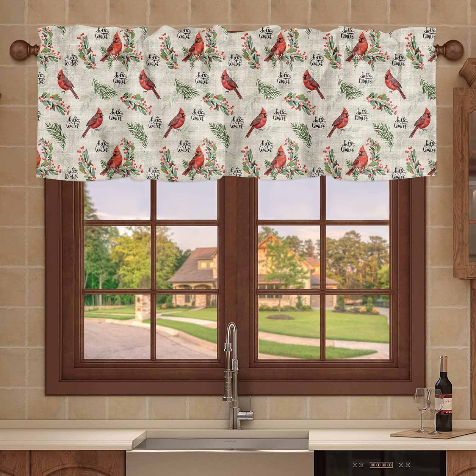 Kitchen Valances for Window, Winter Cardinal Leaf Berry Light Filtering ...