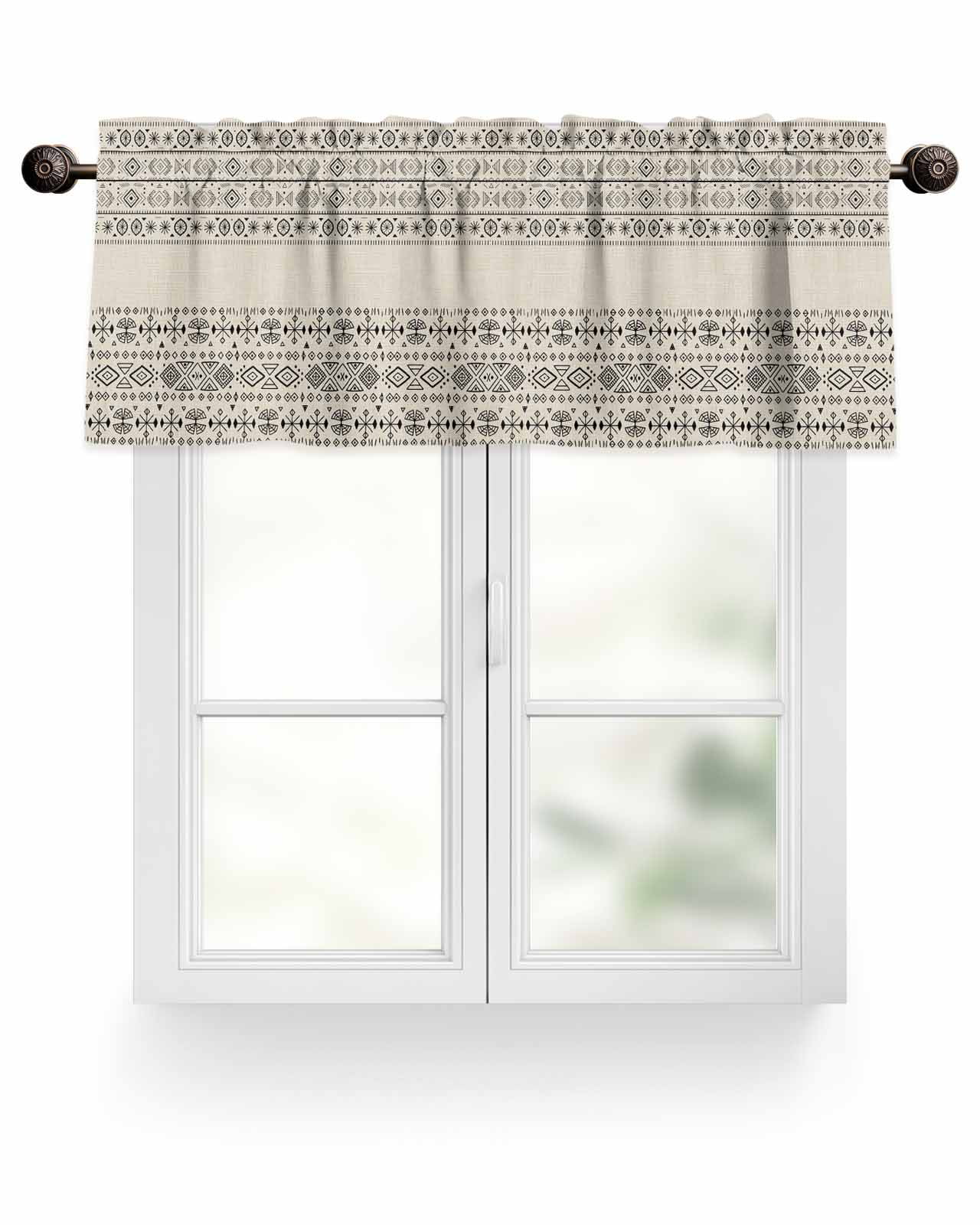 Kitchen Valances for Windows Bohemian Ethnic Brown Black Lines Linen ...