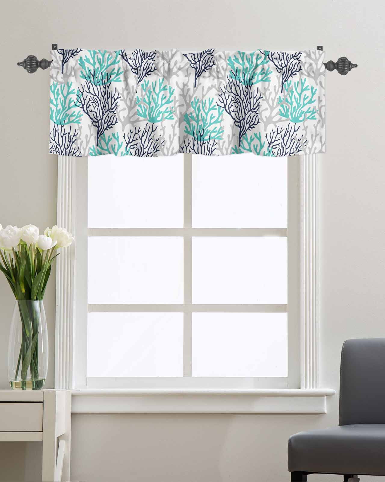 Kitchen Valances for Windows,Coastal Coral Summer Ocean Nautical ...