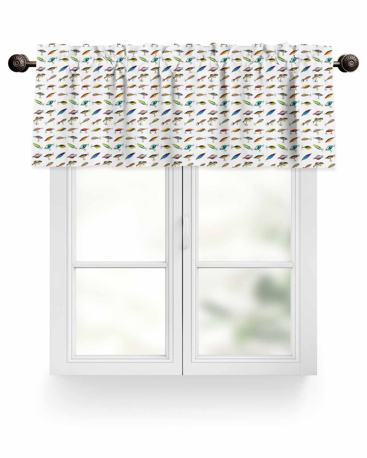 Kitchen Valances for Windows Fish Hook Colorful Bait Rustic Farmhouse ...