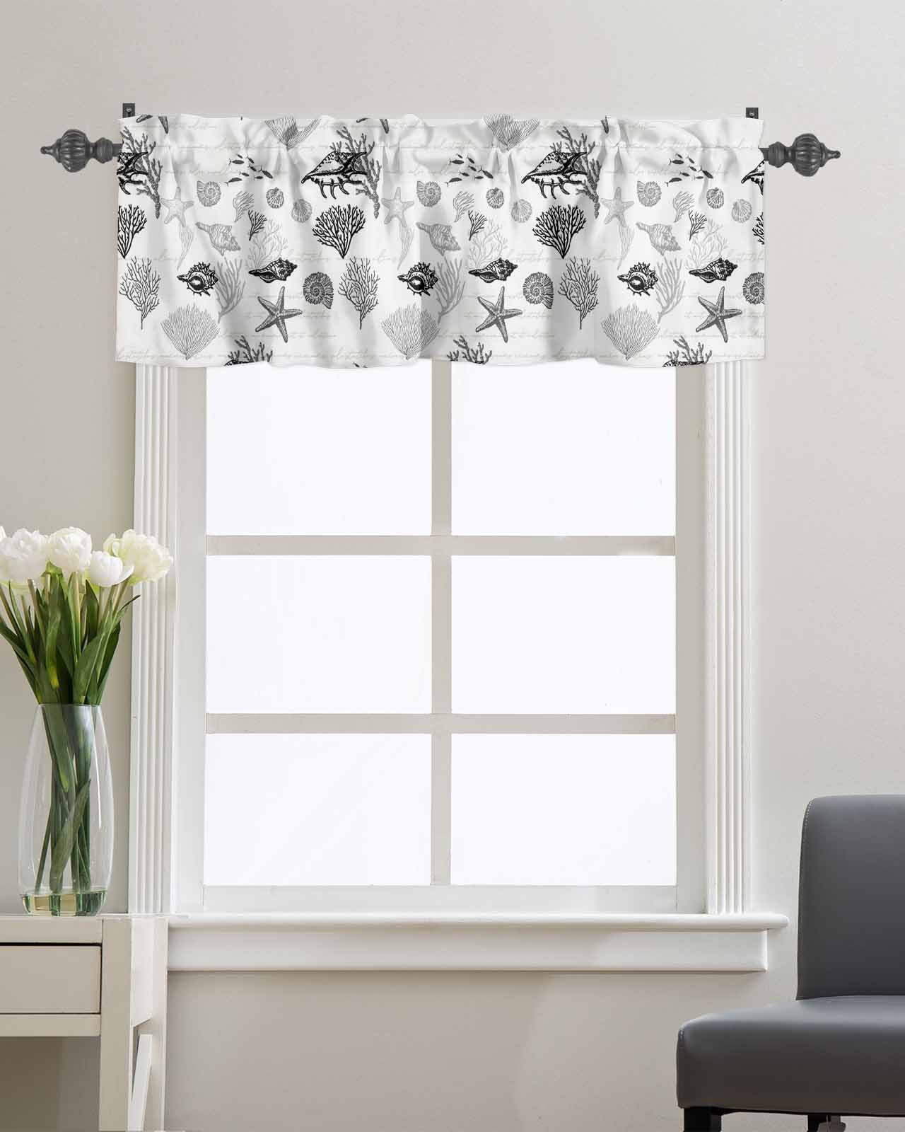 Kitchen Valances for Windows,Nautical Coral Summer Beach Seashell Valance Curtain Rod Pocket ...