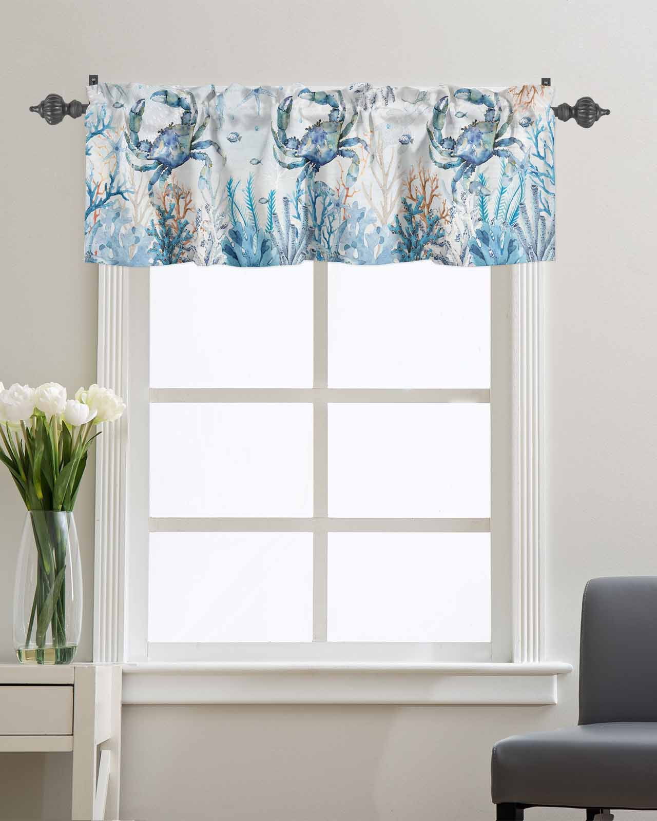 Kitchen Valances for Windows,Ocean Crab Coastal Coral Blue Gradient ...