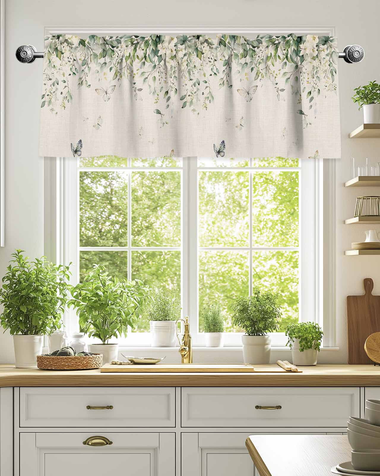 Kitchen Valances for Windows, Summer Green Eucalyptus Butterfly Valance ...