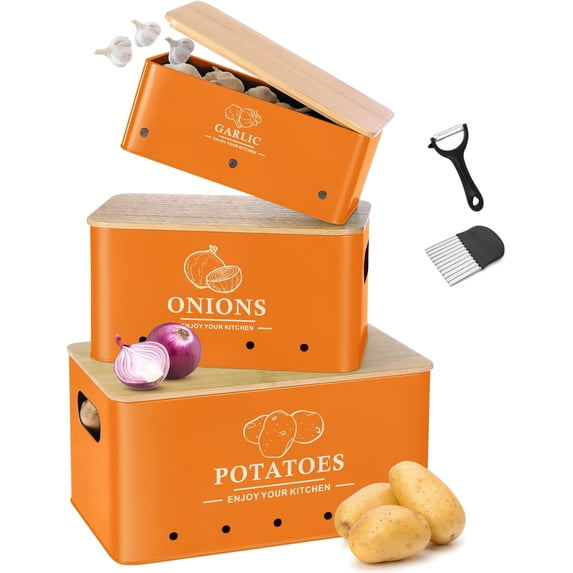 Kitchen Vegetable Storage Set of 3, Metal Onion Garlic Potato Storage ...