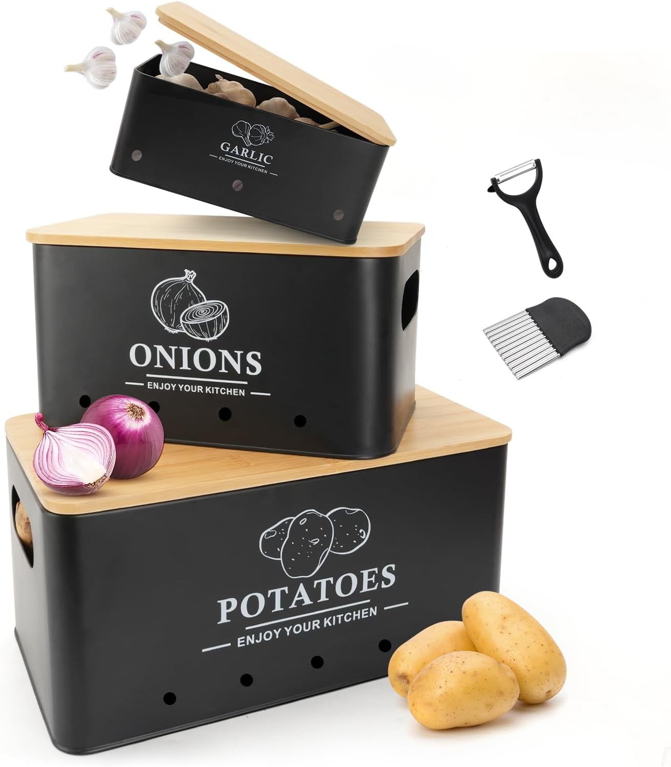 Kitchen Vegetable Storage Set of 3, Metal Onion Garlic Potato Storage ...