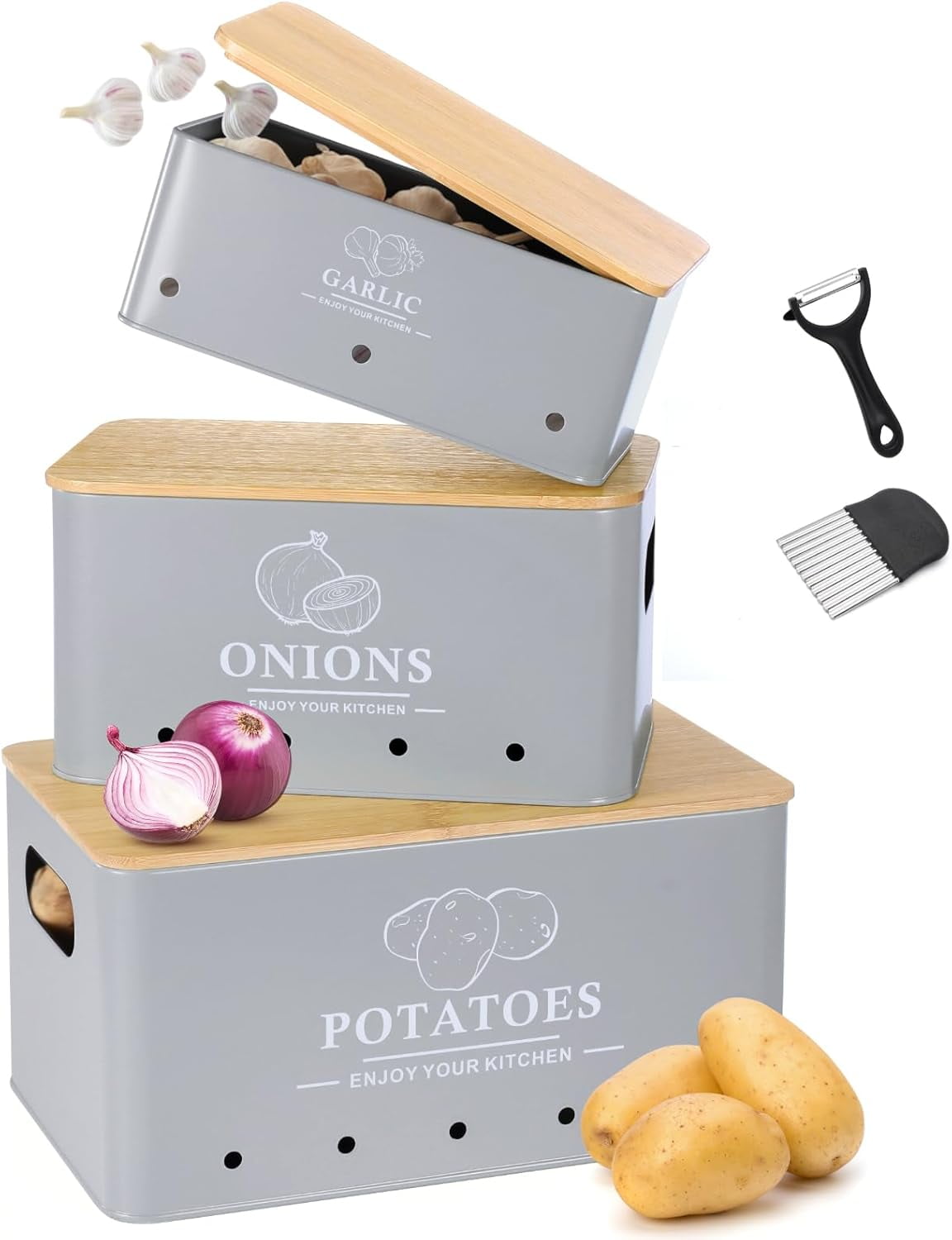 Kitchen Vegetable Storage Set of 3, Metal Onion Garlic Potato Storage ...