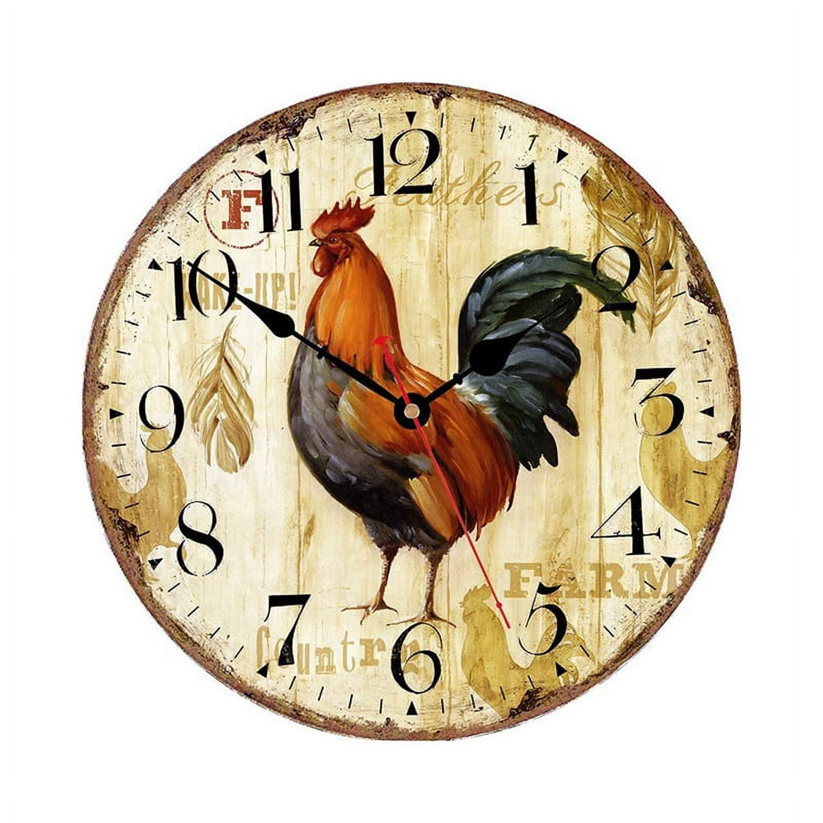 Kitchen Wall Clock 12 Inch Rustic Rooster Silent Non Ticking Quartz ...