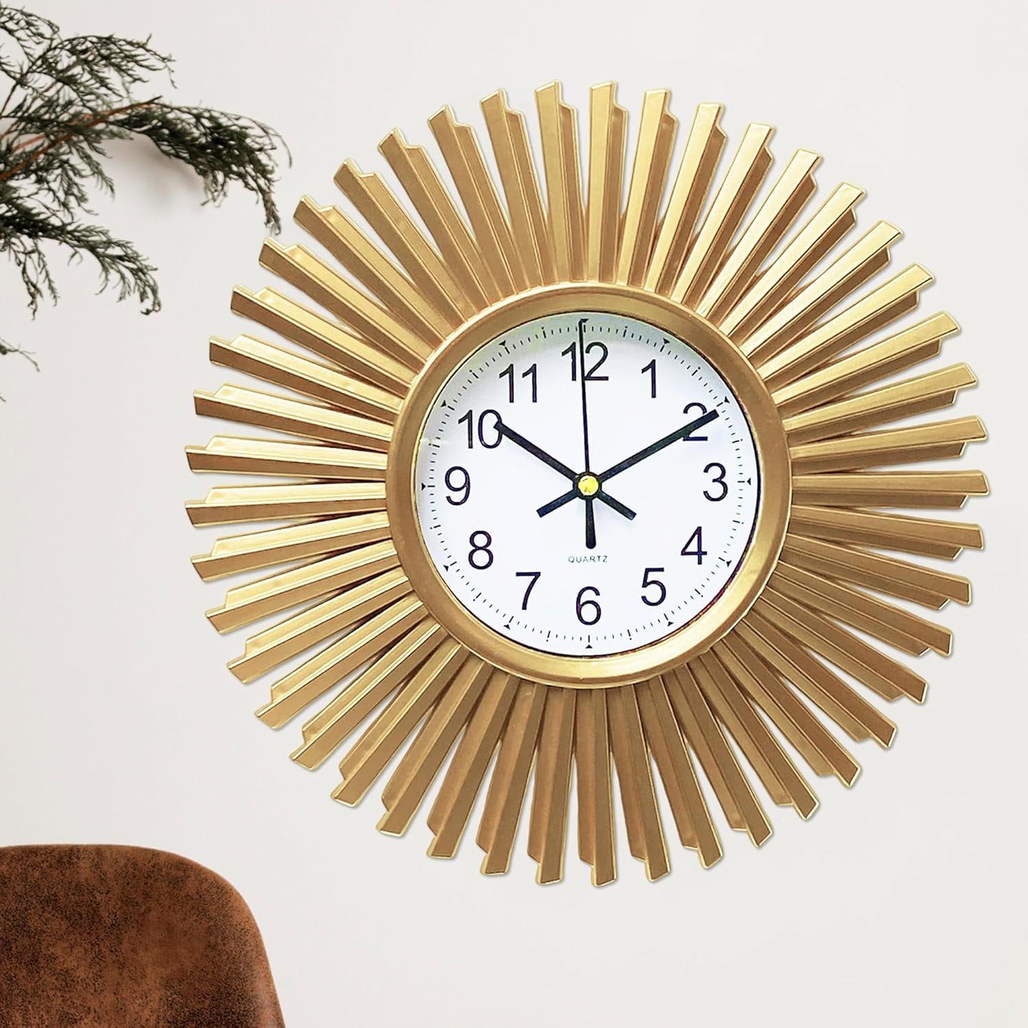 Kitchen Wall Clock, Gold Sunburst Wall Clocks Battery Operated, 10 Inch Modern Decorative Wall ...