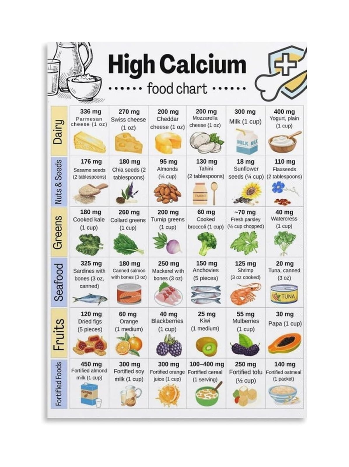 Kitchen Wall Decor Poster High Calcium Foods Chart Educational ...