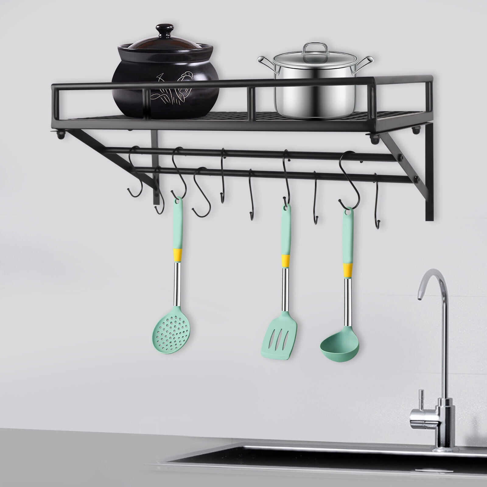 Kitchen Wall Mounted Storage Shelf Cookware Pan Pot Organizer Rack with ...