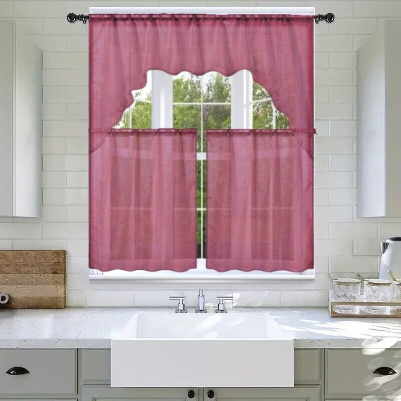 Kitchen Window Curtain panel tier swag & valance set of 3pc sheer rod ...