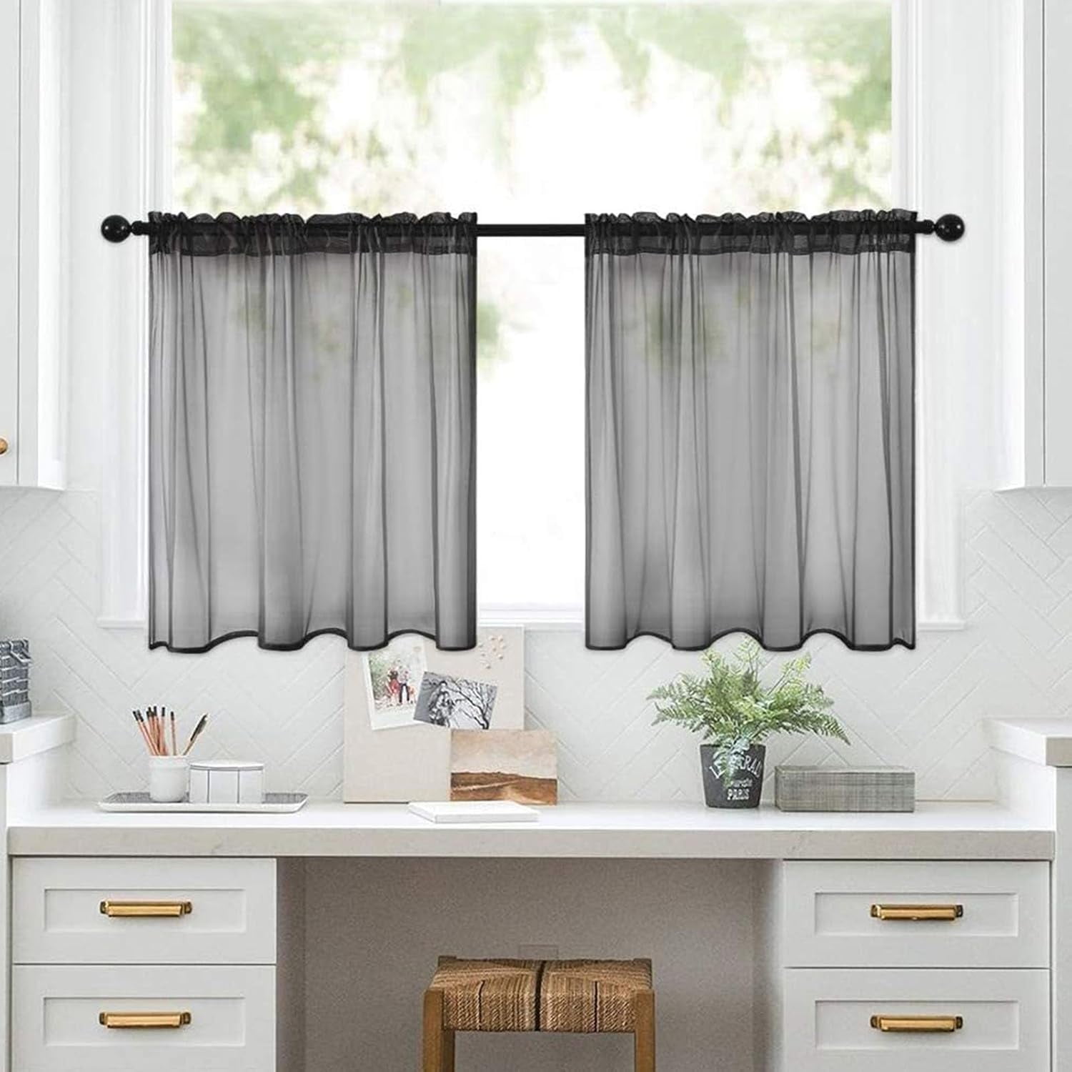 Kitchen Window Curtains Over Sink,Short Sheer Curtains 2 Panels,Rod ...