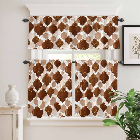 Kitchen Window Curtains Valance and Tier Set, Abstract Geometric Brown ...