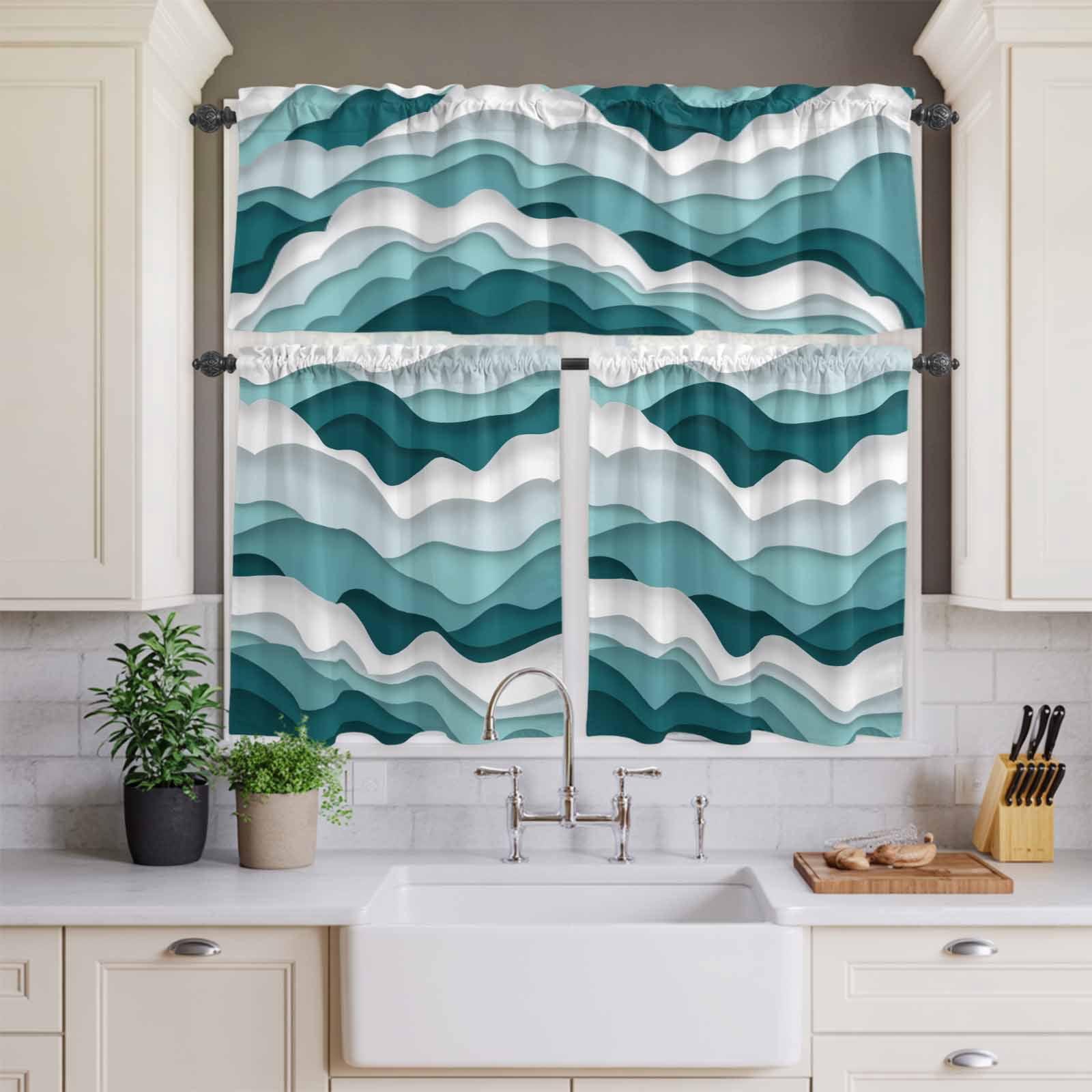 Kitchen Window Curtains Valance and Tier Set, Abstract Ocean Sea Wave ...