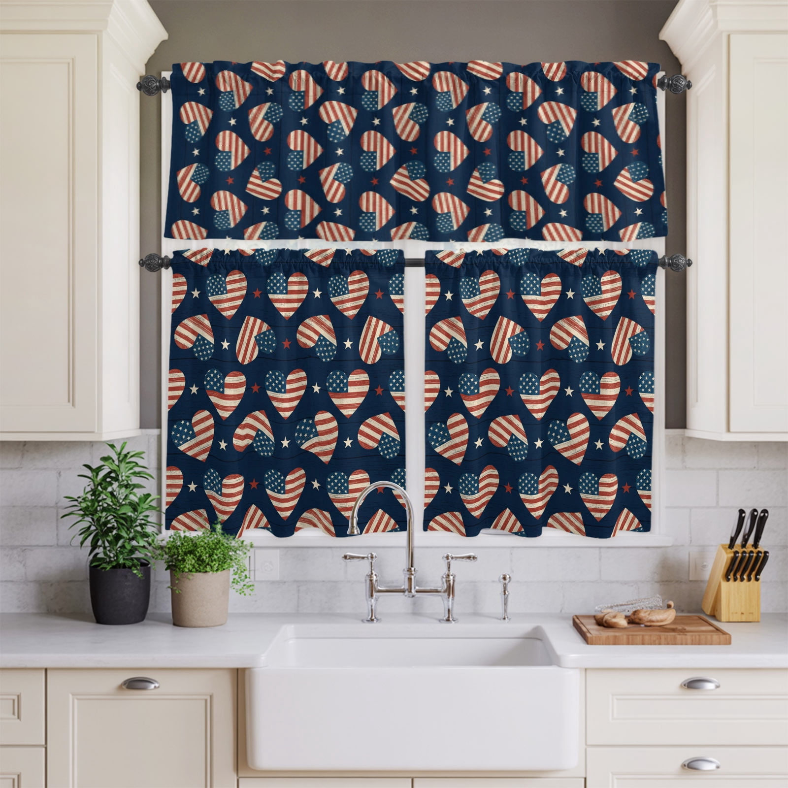 Kitchen Window Curtains Valance and Tier Set, American Flag Heart Star ...