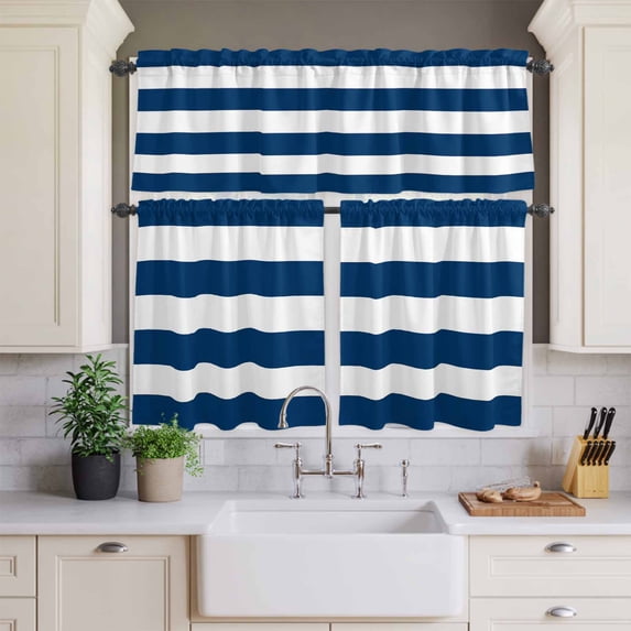 Kitchen Window Curtains Valance and Tier Set, Blue White Stripes Color ...