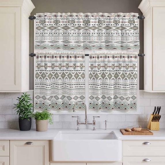 Kitchen Window Curtains Valance and Tier Set, Boho Ethnic Geometric ...