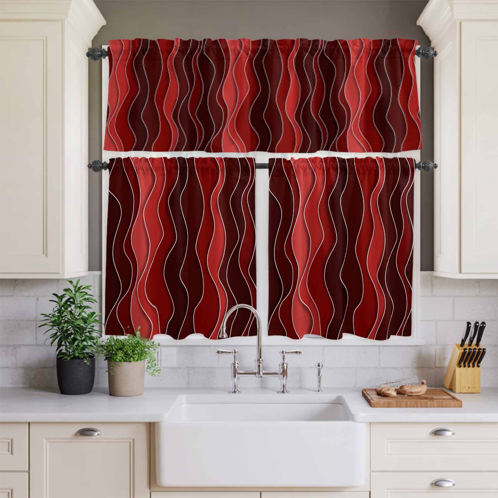 Kitchen Window Curtains Valance and Tier Set, Burgundy Red Gradient ...