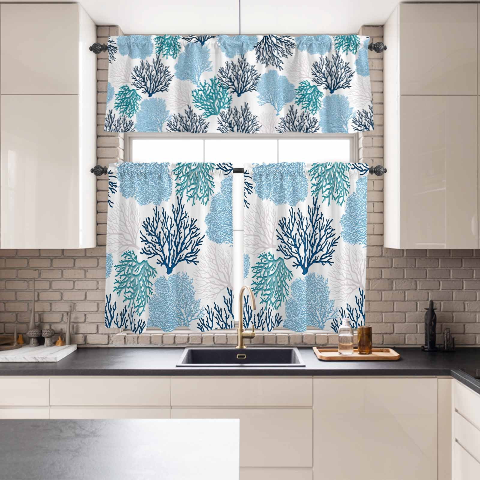 Kitchen Window Curtains Valance and Tier Set, Classic Sea Blue Coral ...