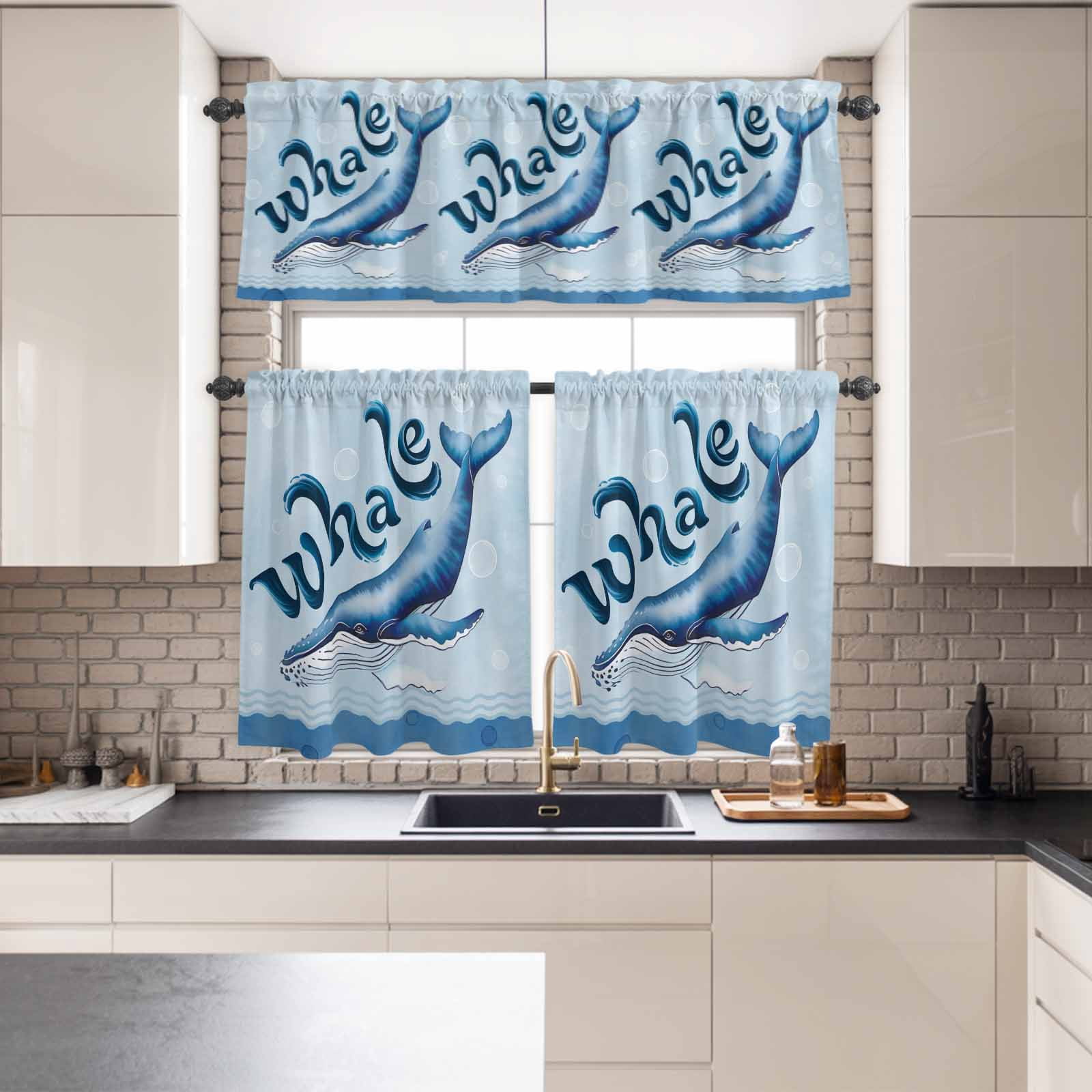 Kitchen Window Curtains Valance and Tier Set, Coastal Sea Whale Rod ...