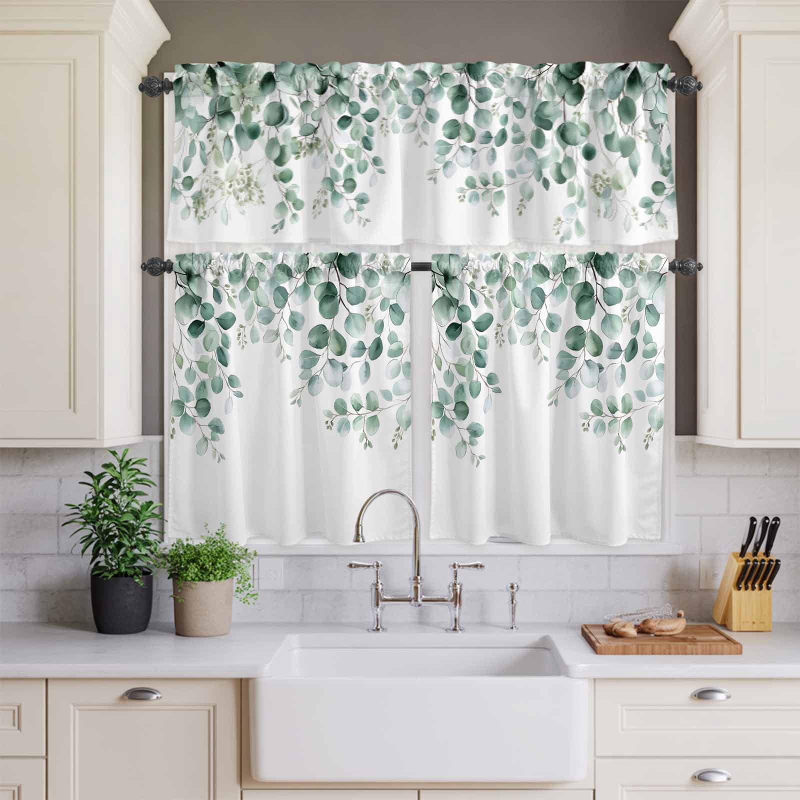 Kitchen Window Curtains Valance and Tier Set, Eucalyptus Leaves Green ...