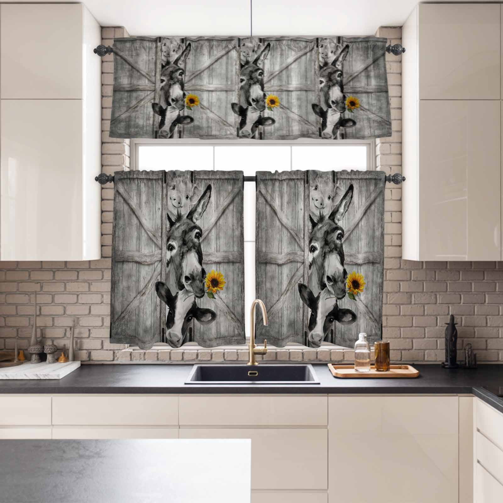 Kitchen Window Curtains Valance and Tier Set, Farm Abstract Donkeys ...