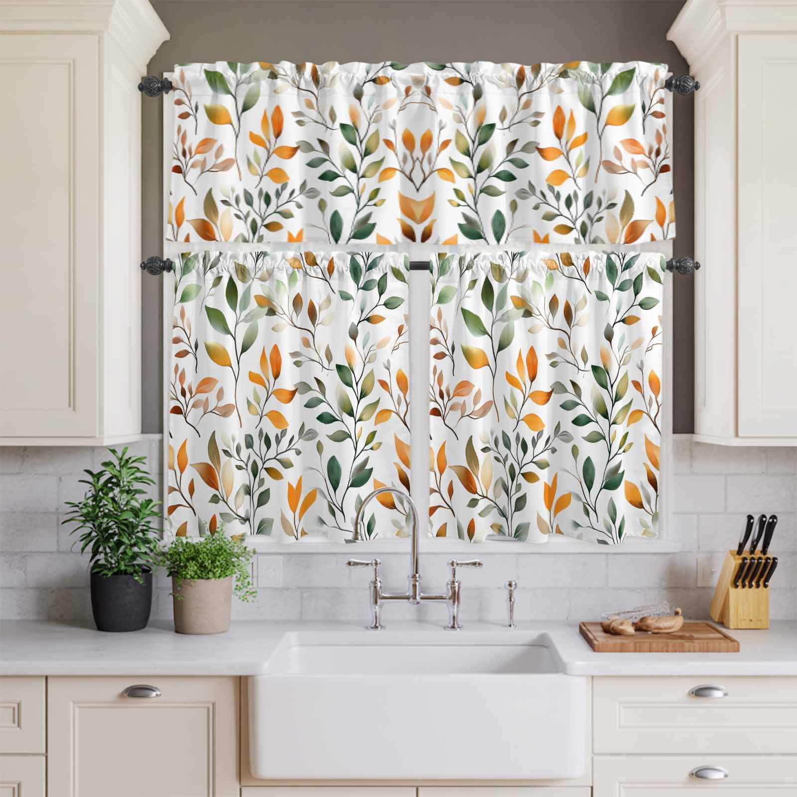 Kitchen Window Curtains Valance and Tier Set, Farm Colorful Leaves ...