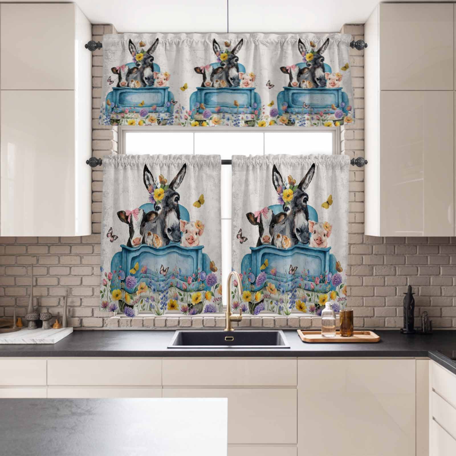 Kitchen Window Curtains Valance and Tier Set, Farmhouse Pig Cow Donkey ...