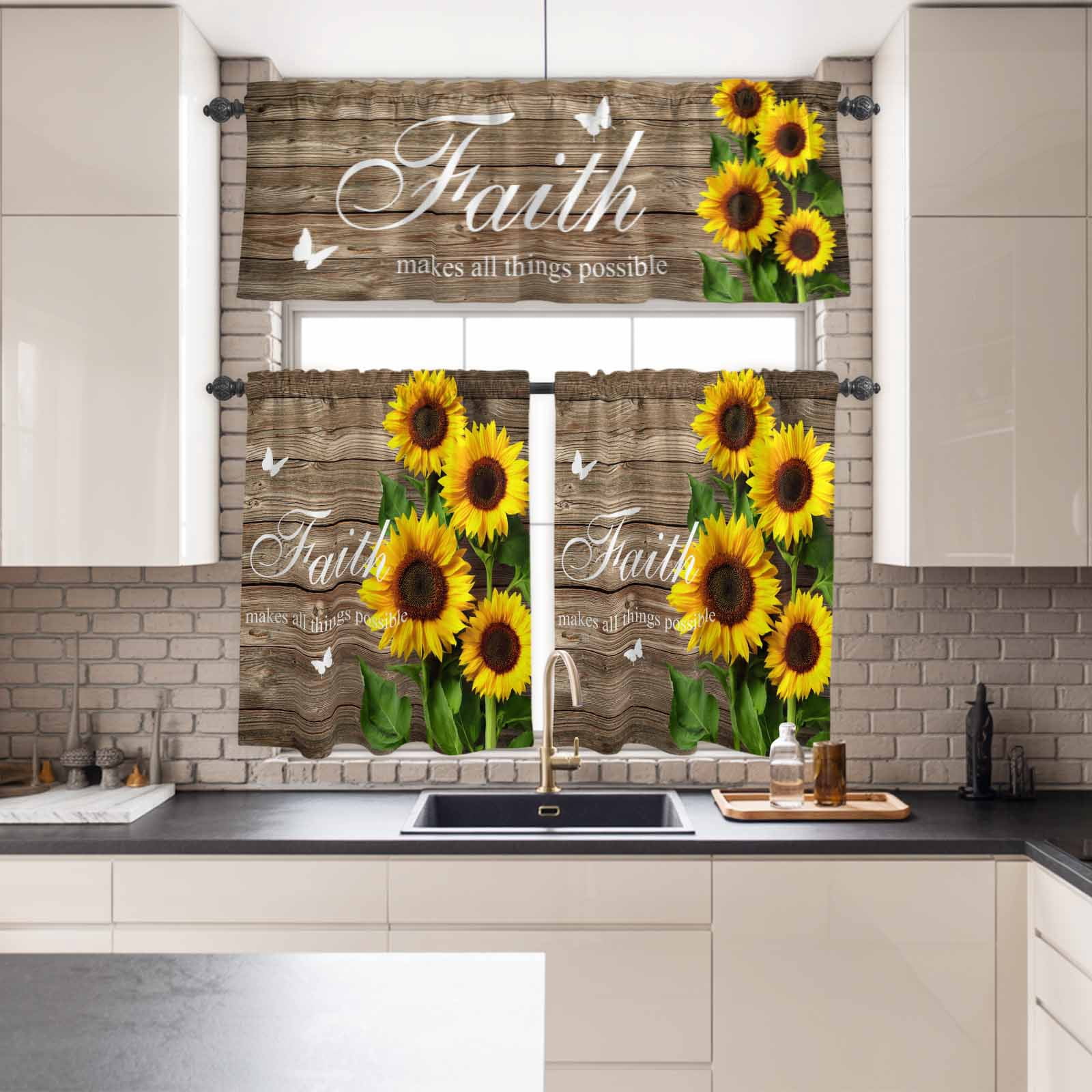 Kitchen Window Curtains Valance and Tier Set, Farmhouse Sunflowers ...