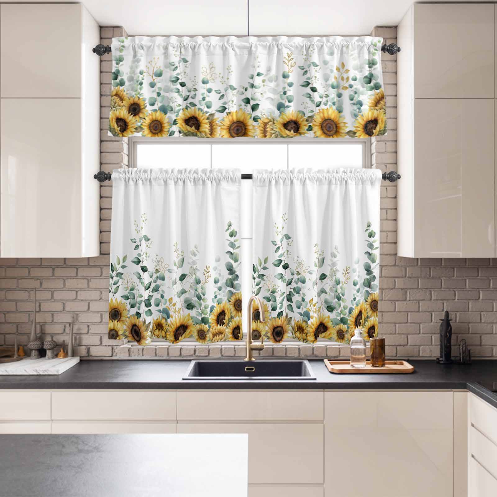 Kitchen Window Curtains Valance and Tier Set, Farmhouses Sunflower ...