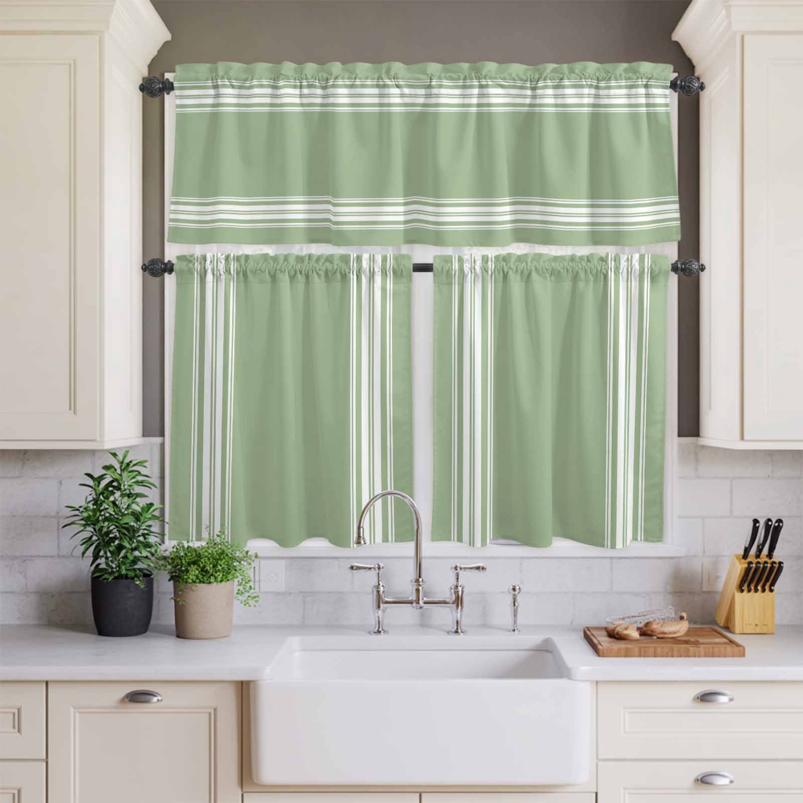 Kitchen Window Curtains Valance and Tier Set, Grazing Green White ...