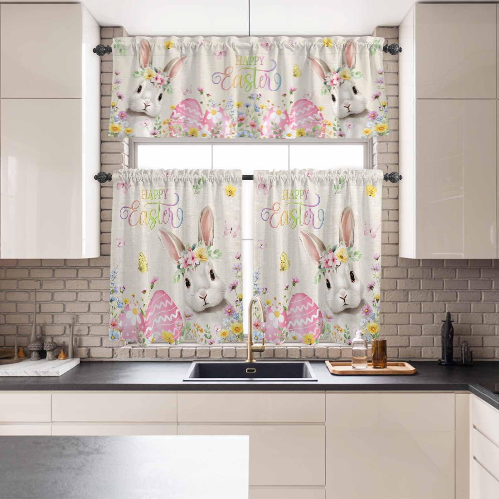 Kitchen Window Curtains Valance and Tier Set, Happy Easter Bunny Retro ...