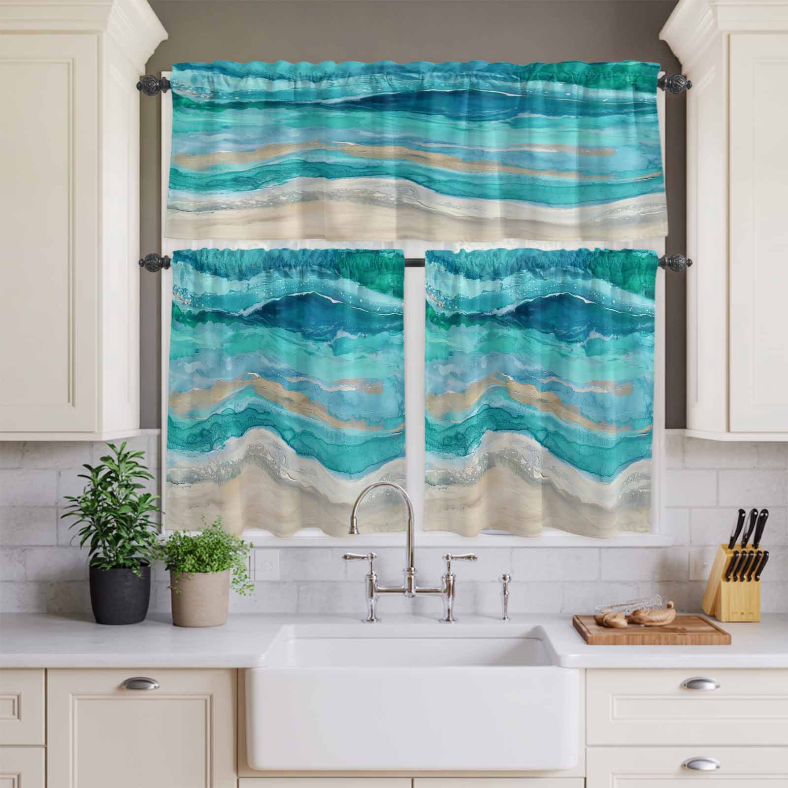 Kitchen Window Curtains Valance and Tier Set, Marine Coastal Wave ...