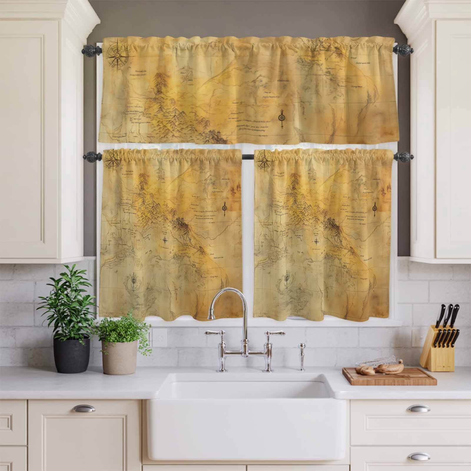 Kitchen Window Curtains Valance and Tier Set, Medieval Earth Map on ...