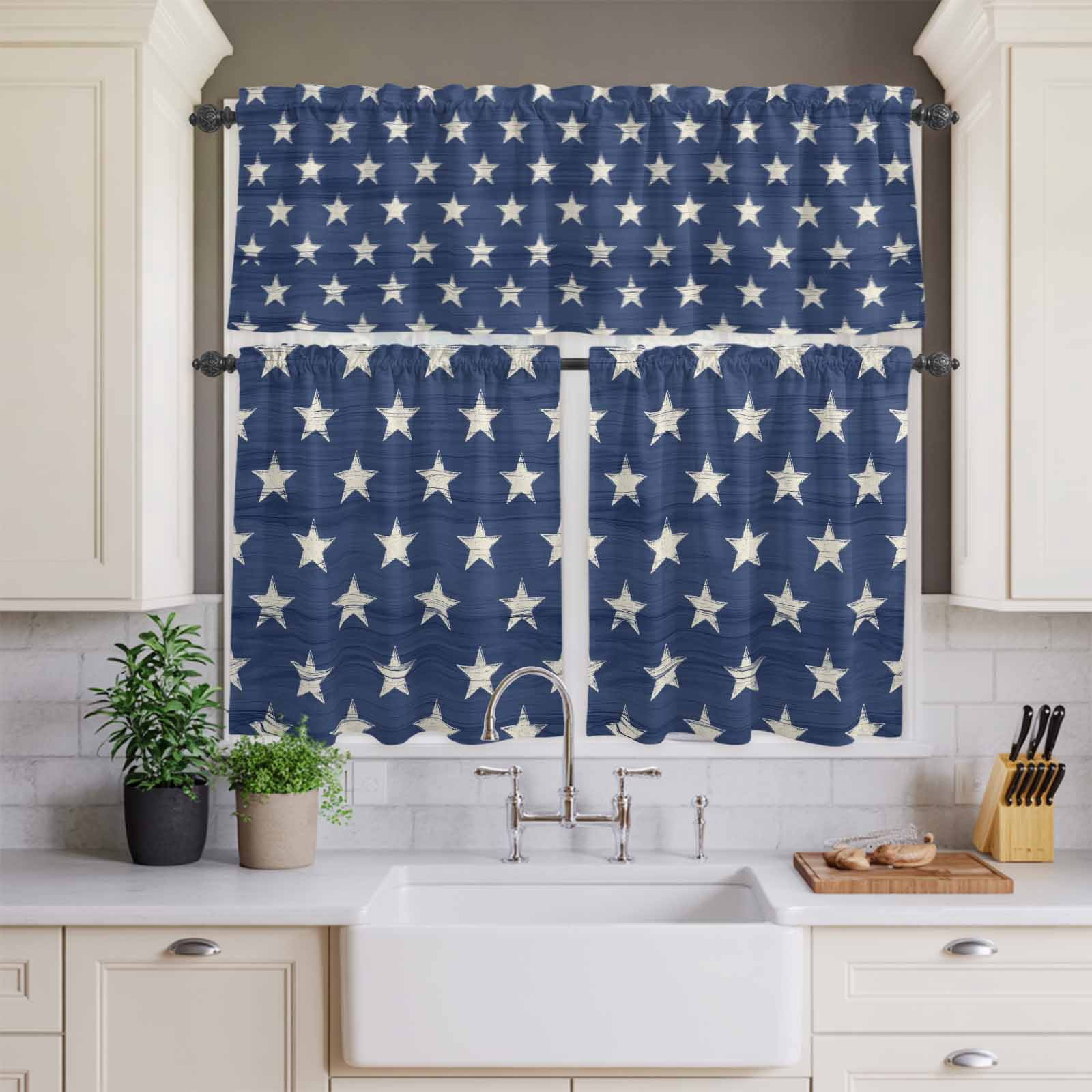 Kitchen Window Curtains Valance and Tier Set, Memorial Day Patriotic ...