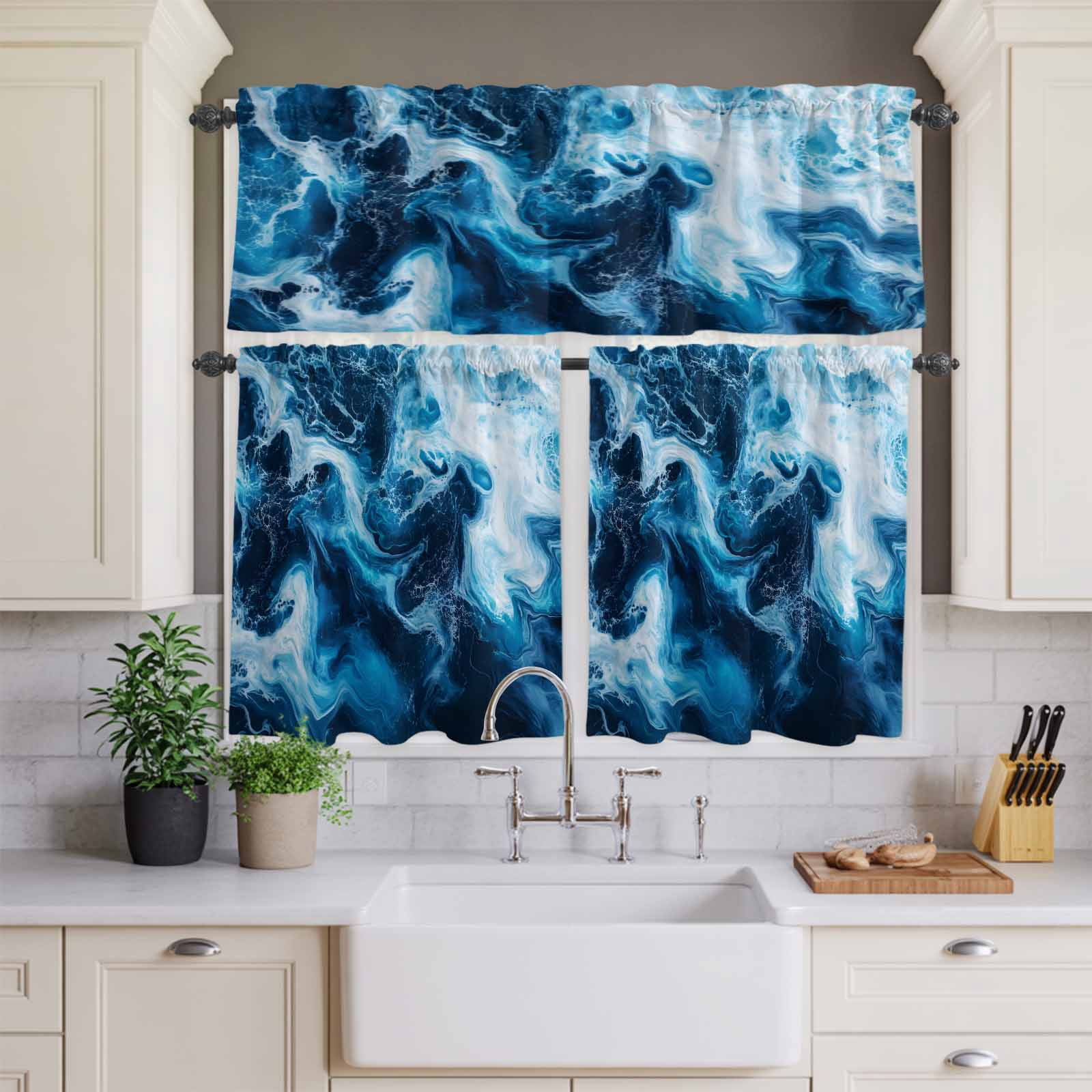 Kitchen Window Curtains Valance and Tier Set, Modern Nautical Ocean ...