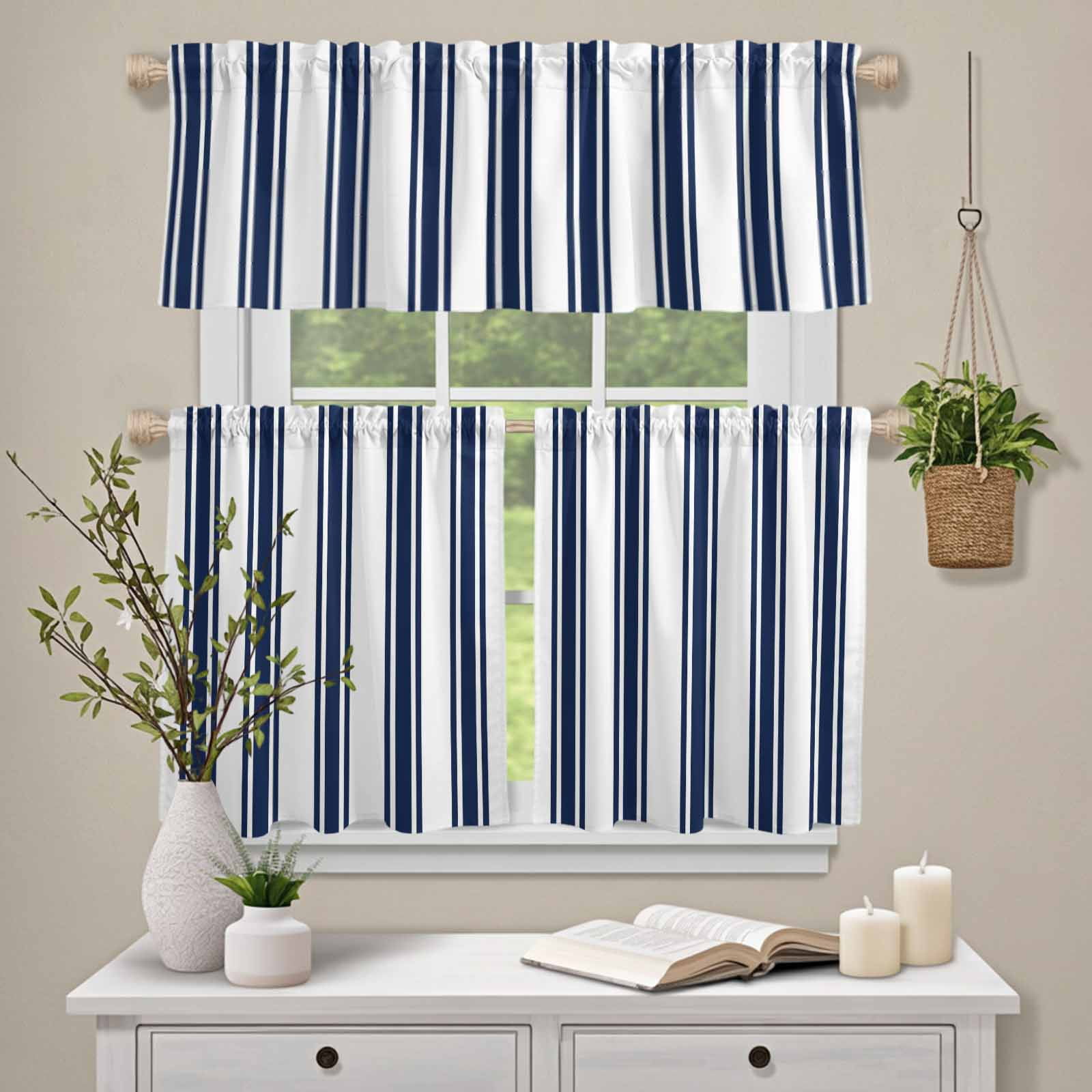 Kitchen Window Curtains Valance and Tier Set, Modern Ocean Navy Blue ...
