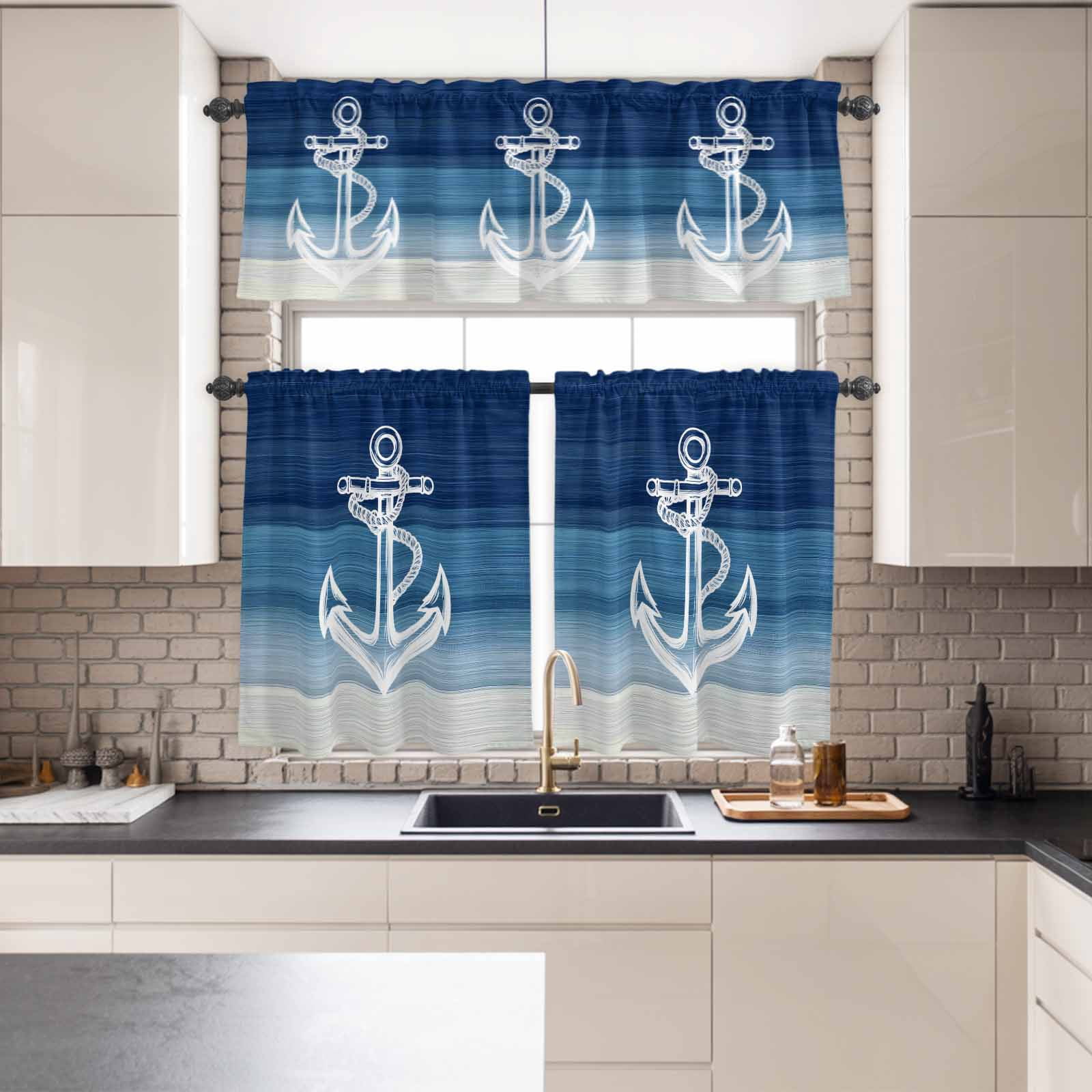 Kitchen Window Curtains Valance and Tier Set, Nautical Anchor Navy Blue ...