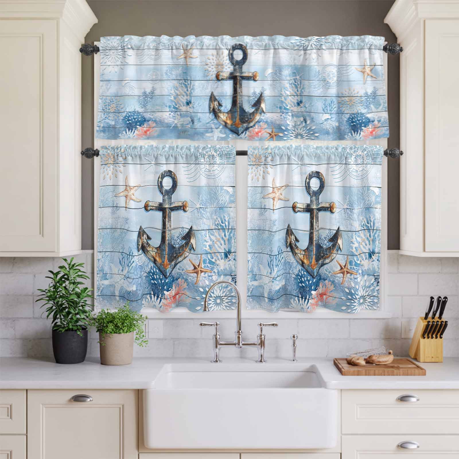 Kitchen Window Curtains Valance and Tier Set, Nautical Anchor Starfish ...