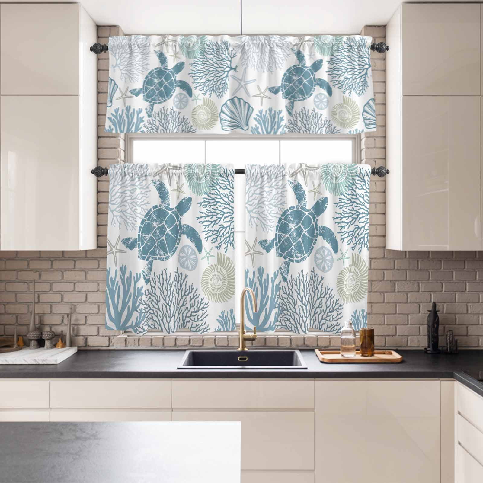 Kitchen Window Curtains Valance and Tier Set, Ocean Blue Sea Turtle ...