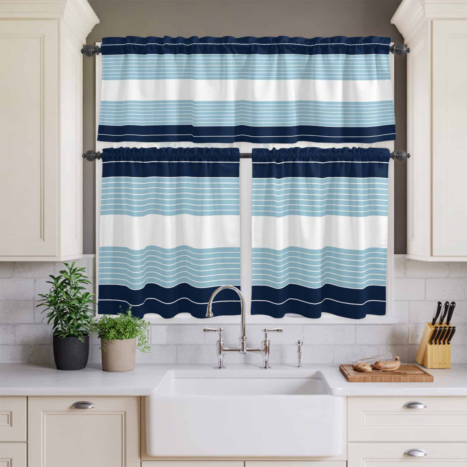 Kitchen Window Curtains Valance and Tier Set, Ombre Navy Blue Light ...