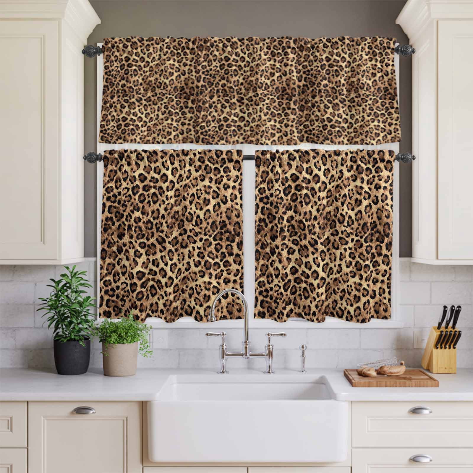Kitchen Window Curtains Valance and Tier Set, Retro Leopard Stripes Rod ...